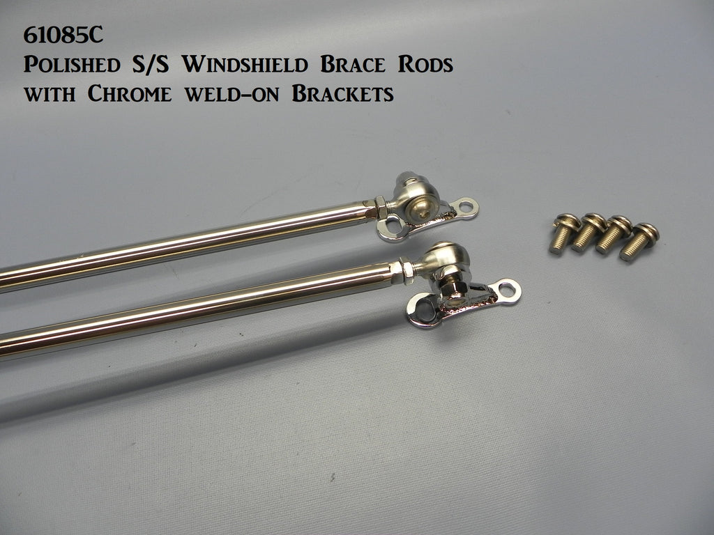 61085C Windshield Brace Rods, Polished Stainless with Chrome Bolt-on F ...